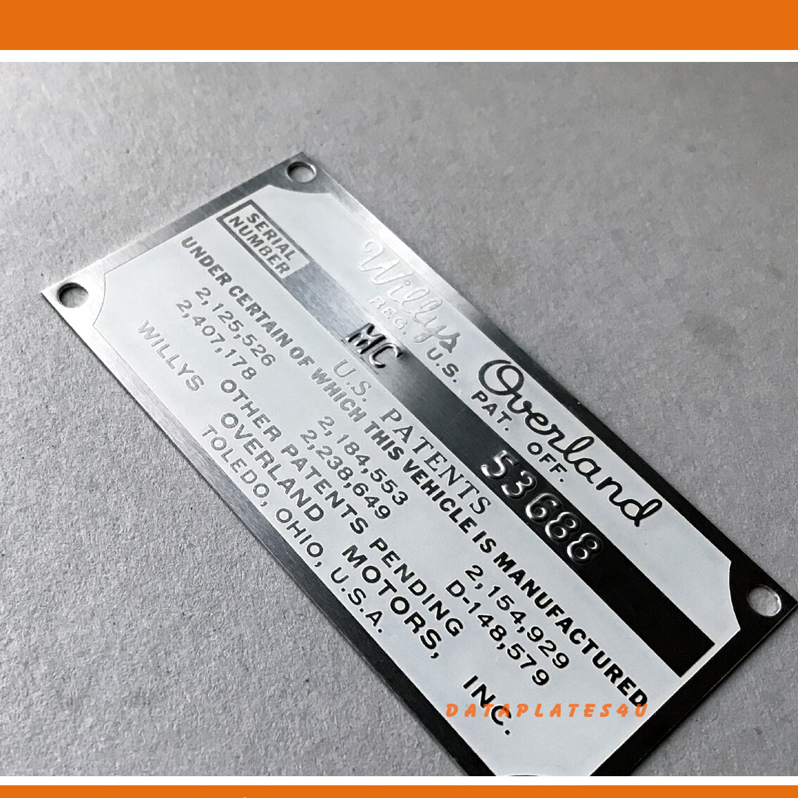 WILLYS OVERLAND JEEP DATA TAG M38A1 M38 CJ5 CJ6 PLATE & embossed info ...