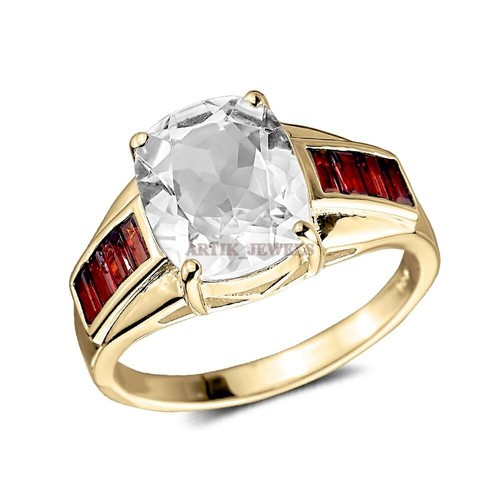 Naturel Blanc Topaze & Gemme Grenat Plaqué Or 925 Bague en Argent #1643 ...