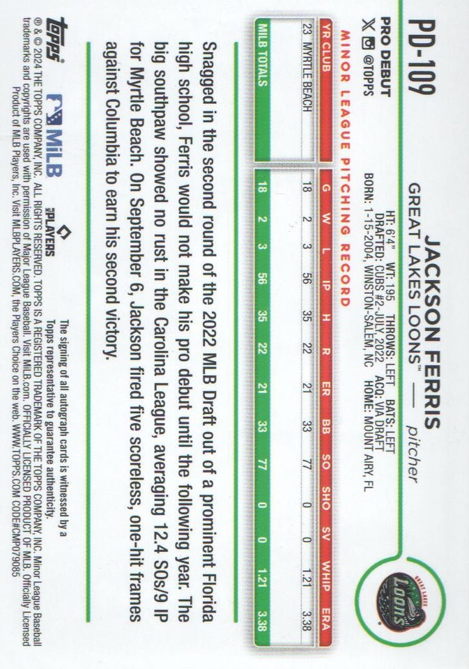 2024 Topps Pro Debut Baseball Autographs #PD109 Jackson Ferris Auto | eBay