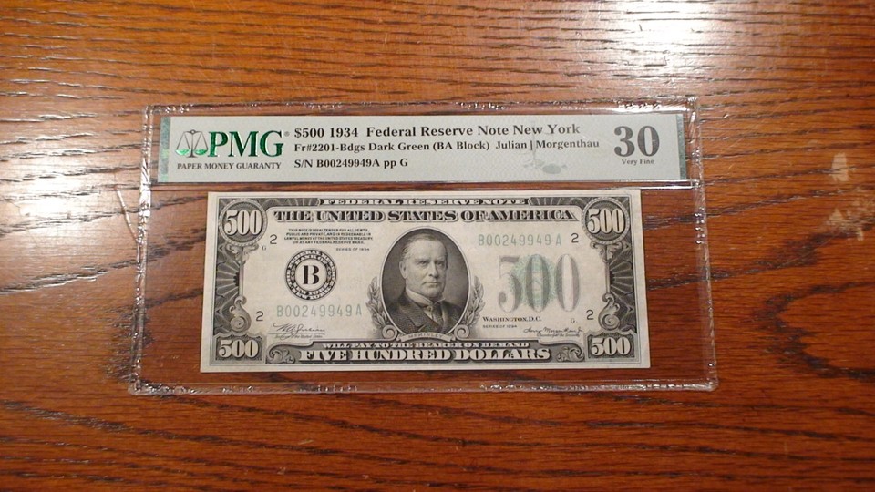 1934 PMG VF30 FIVE HUNDRED DOLLAR FEDERAL RESERVE NOTE NEW YORK $500 ...