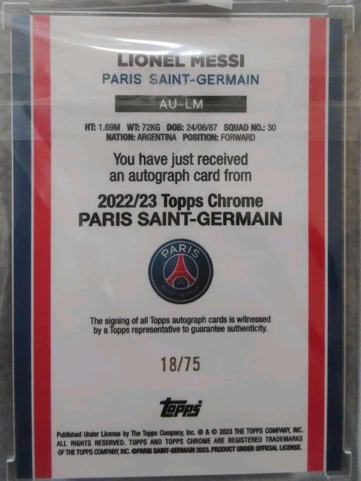 TOPPS PSG CHROME 2022-2023 LIONEL MESSI AUTO ON CARD 18/75 | eBay