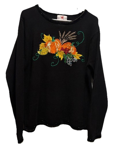 Quacker Factory Fall Pumpkin Sweater Beaded Embellished Long Sleeve ...