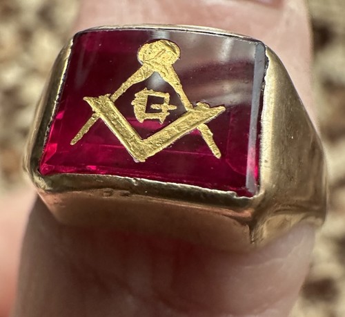 Vintage 10k Gold Men's Freemason Masonic Ring With Red Stone | eBay