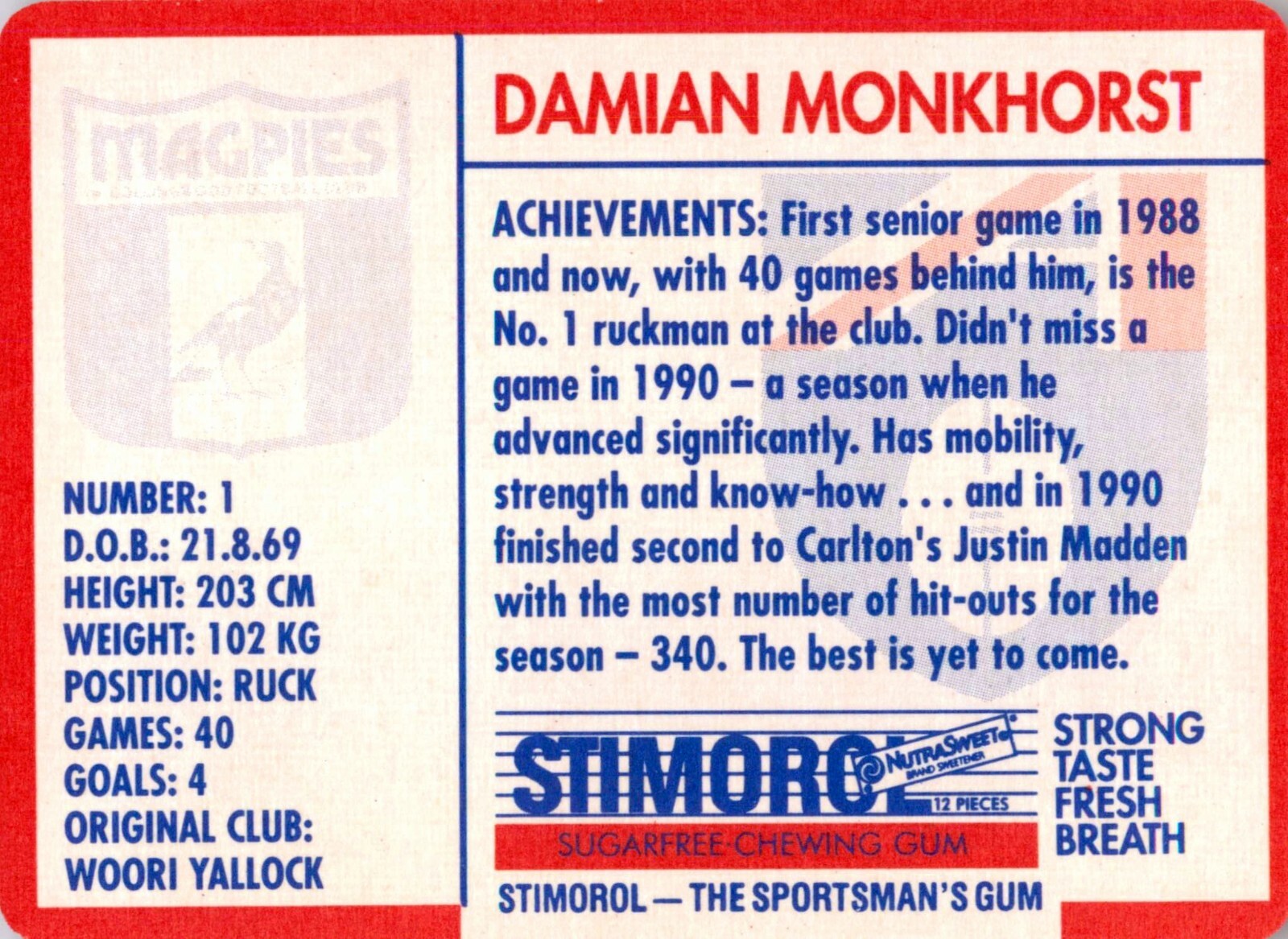 New 1991 COLLINGWOOD MAGPIES AFL Card DAMIAN MONKHORST Scanlens | eBay