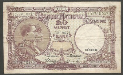 Belgium 20 Francs 16.11.1944; F+; P-111; BNB-B550c; Sig: Sontag/Frere; WWII | eBay