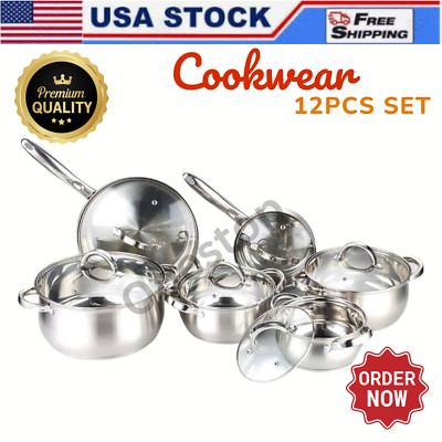 Heim 12-Piece Cookware Set Stainless Steel Pots and Pans Set With Glass ...