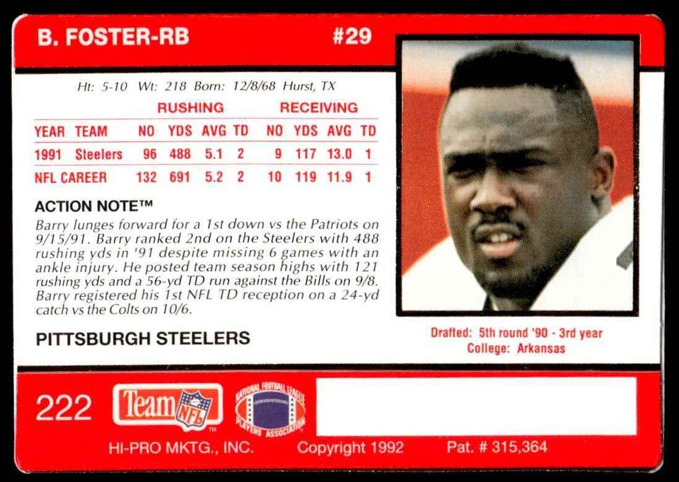 1992 Action Packed Barry Foster Pittsburgh Steelers #222 | eBay