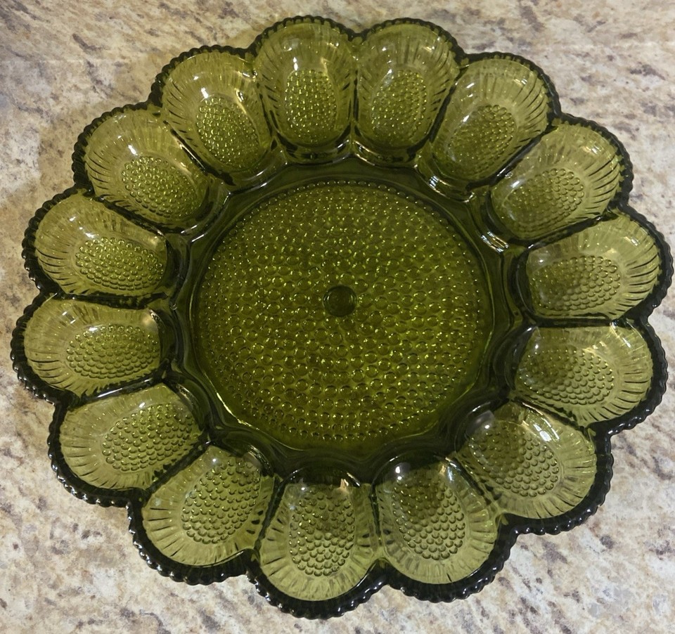 Indiana Glass Deviled Egg Plate Hobnail Avocado Green 11" Platter ...