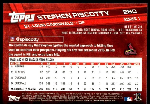2017 Topps #260 Stephen Piscotty St. Louis Cardinals Baseball | eBay