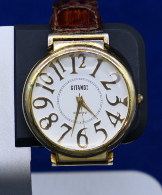 Gitano Watch Leather Band Gold Case Easy Read Diamond Cut Crystal ...