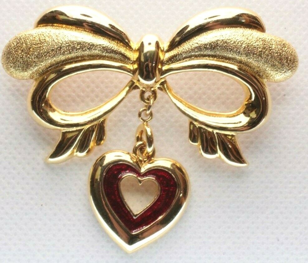 Brooch Pin - Signed B. C. Lind - Bow Ribbon - Heart Dangle Red Enamel ...