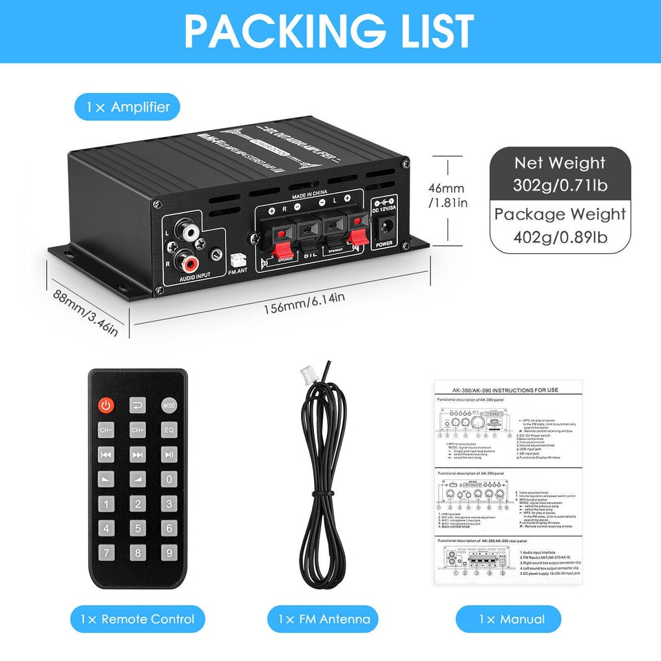 800W 2 Channel bluetooth Mini HIFI Power Amplifier Audio Stereo Amp ...