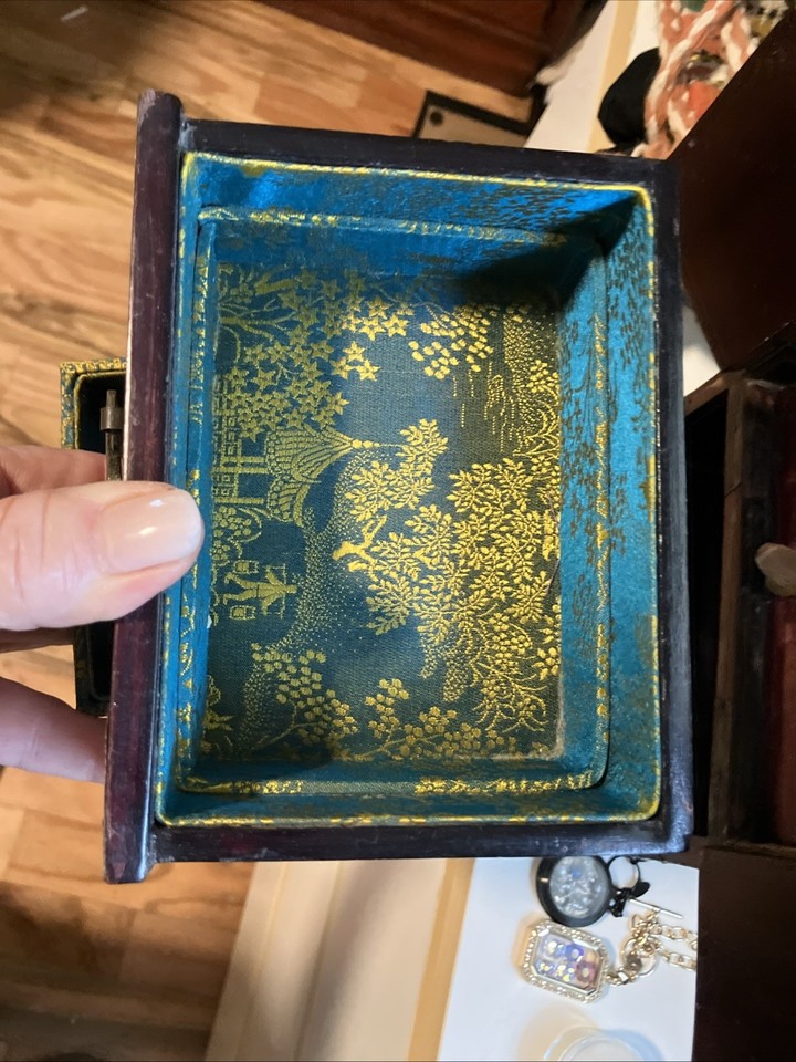 Vintage Chinese Wooden & Brass Jade Inlaid Jewelry Chest Box w/ Drawers ...