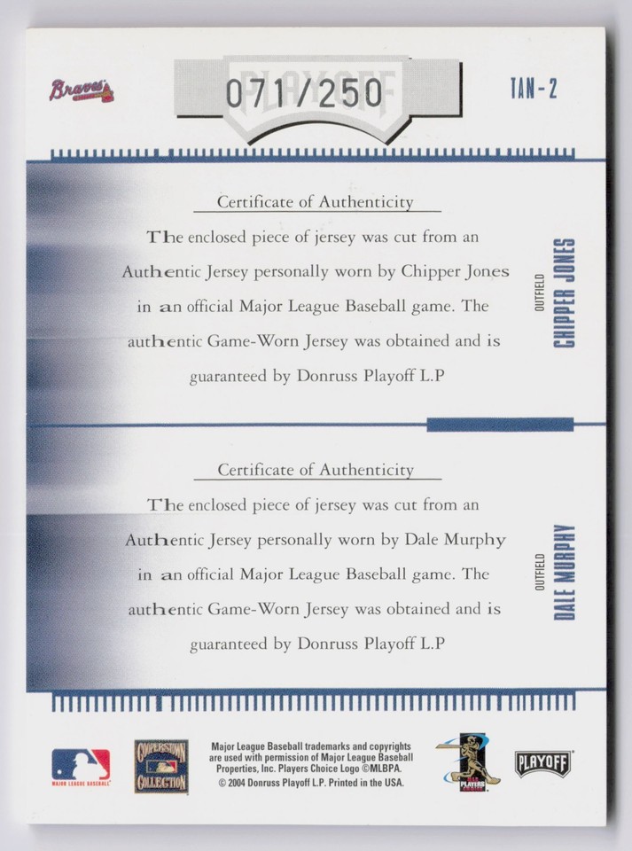 Dale Murphy Chipper Jones 2004 Absolute Team Tandems Game-Worn Dual ...