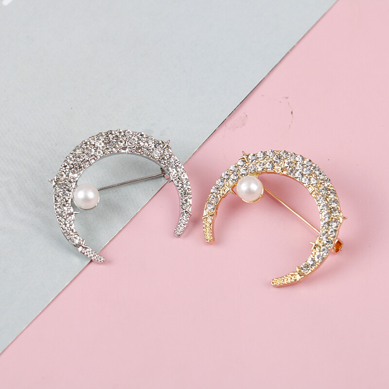 Pearl Rhinestone Moon Brooch Women Weddings Office Brooch Pins Gifts ...
