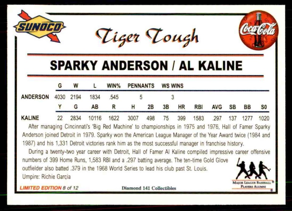 2001 Sunoco Dream Team Sparky Aderso/Al Kaline 101 Baseball Cards #8 OF ...