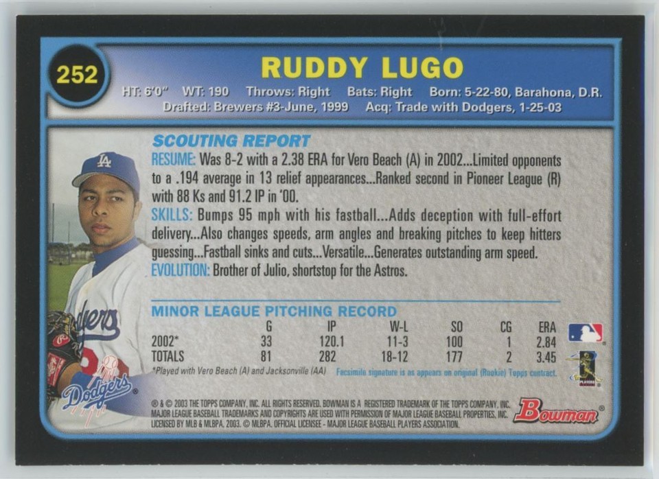 2003 Bowman Ruddy Lugo Rookie Los Angeles Dodgers #252 | eBay