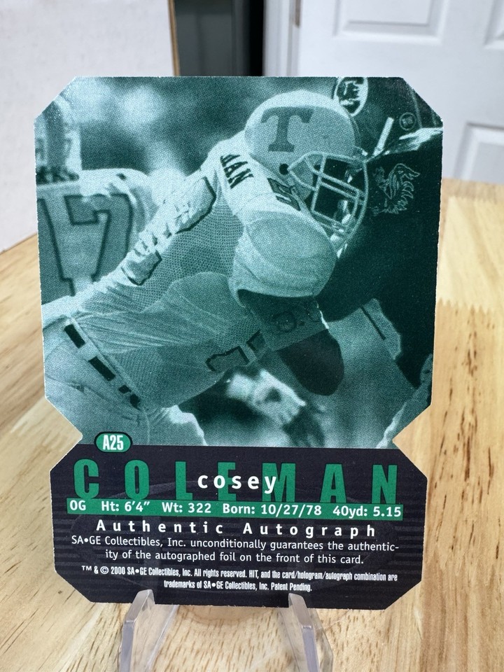 2000 SAGE Hit Cosey Coleman #A25 RC AUTO Tennessee Volunteers Die-Cut ...