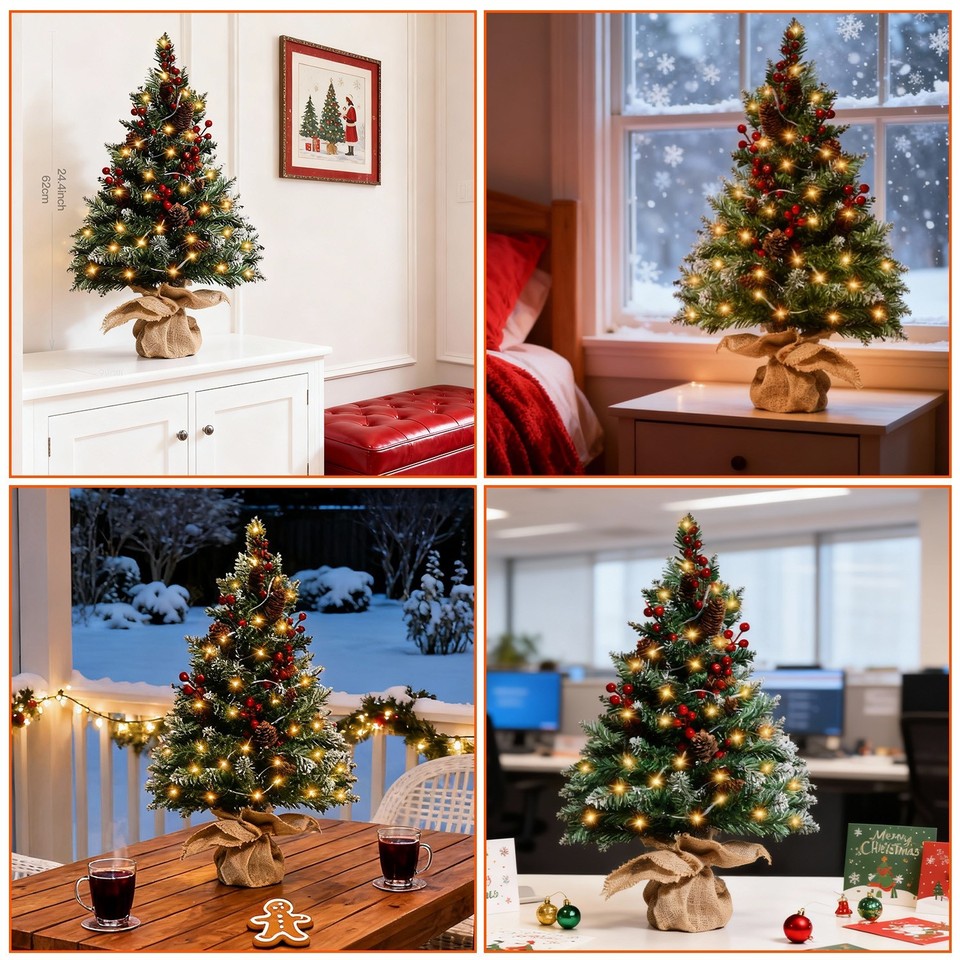2ft Artificial Christmas Tree W LED String Lights & Ornaments Tabletop ...