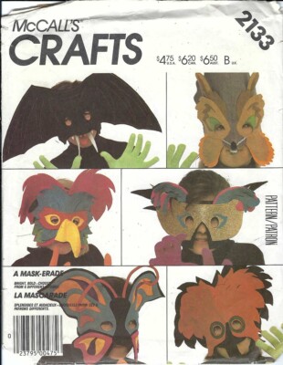 McCALL'S PATTERN 2133 MAKE A MASK BAT CHIPMONK PARROT BUTTERFLY ...