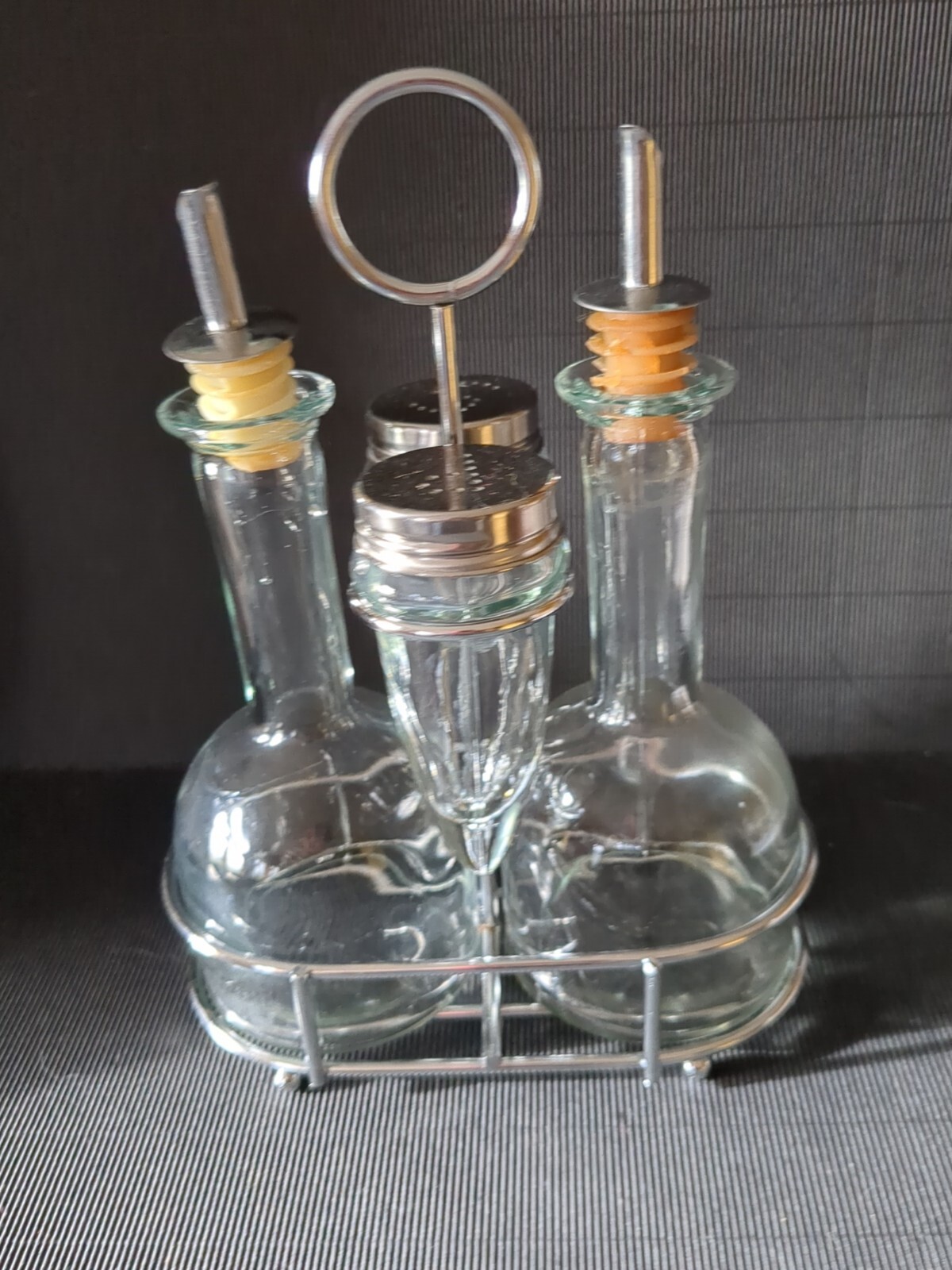 VINTAGE GLASS & METAL CRUET SET WITH METAL CADDY BASKET TEARDROP GLASS ...