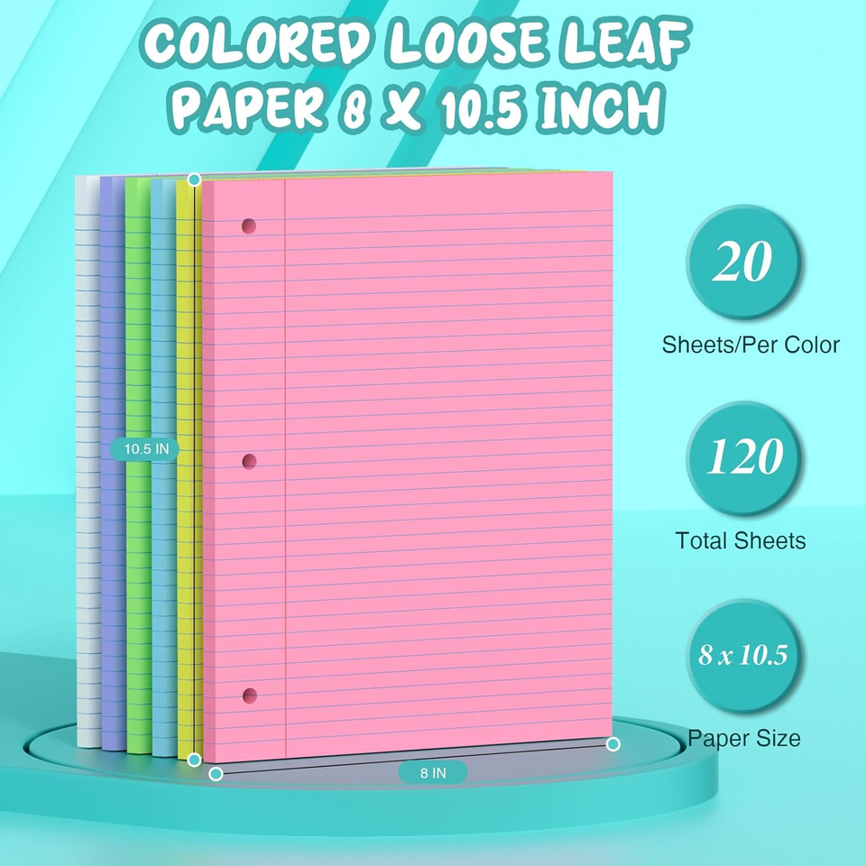 120 Sheets Loose Leaf Paper 8 X 10.5, 6 Colors Lined Paper College ...