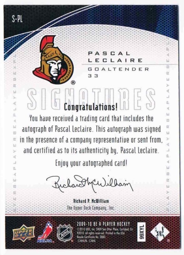 Pascal Leclaire 2009-10 Be A Player Autograph #SPL Ottawa Senators ...