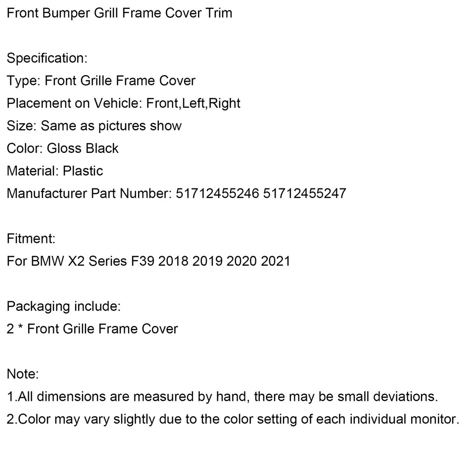 Gloss Black Front Bumper Grill Frame Cover Trim Fit BMW X2 Series F39 ...