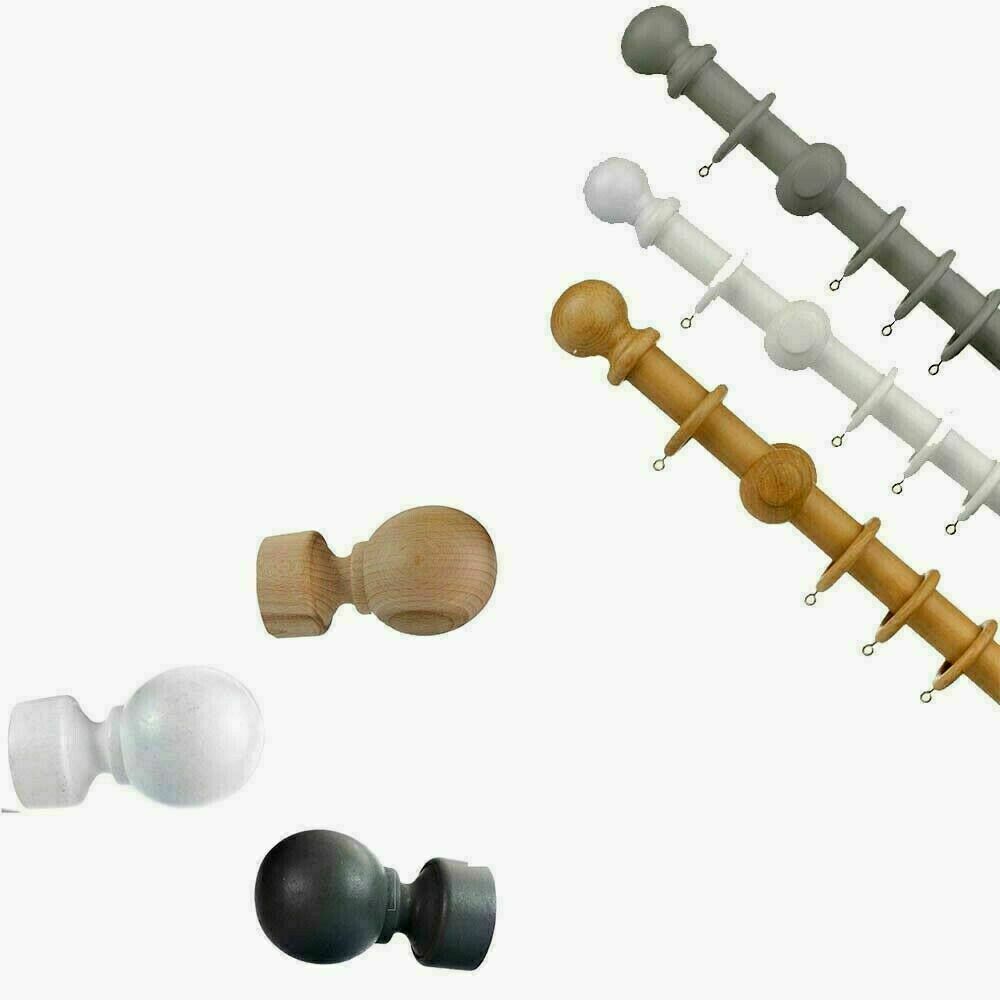 Wooden Wood Curtain Rail Pole Hook Complete Set W/Rings & Fixings Wall ...