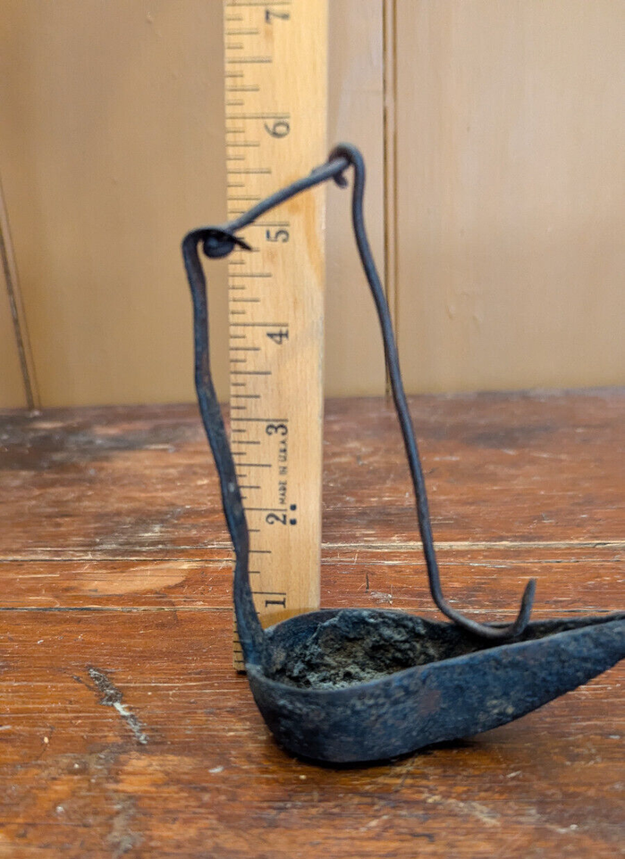 Antique Primitive Wrought Iron Grease Whale Oil Rush 5" Betty Lamp w ...