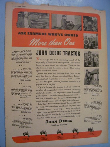 VINTAGE JOHN DEERE ADVERTISING PAGE - JD 2 CYL TRACTORS - 1946-8 x 11 ...