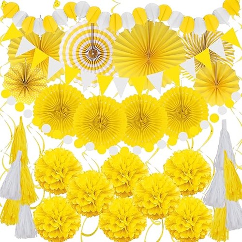 Party Decorations, 41 Pcs Yellow Papar Fans Pompoms Garlands String ...