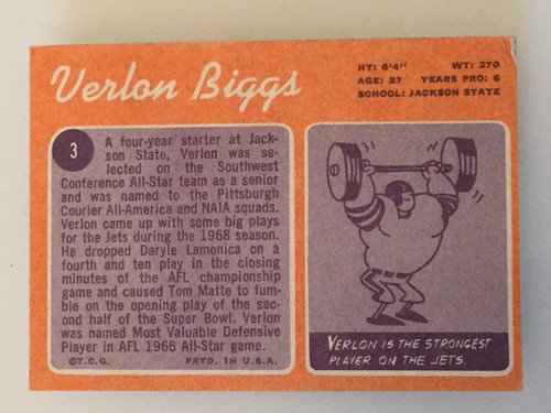 1970 TOPPS VERLON BIGGS #3 NEW YORK JETS FOOTBALL CARD Jackson St | eBay