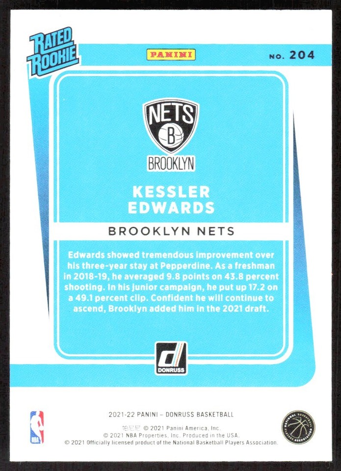 2021-22 6860A Donruss Rated Rookies Kessler Edwards Rookie Brooklyn ...