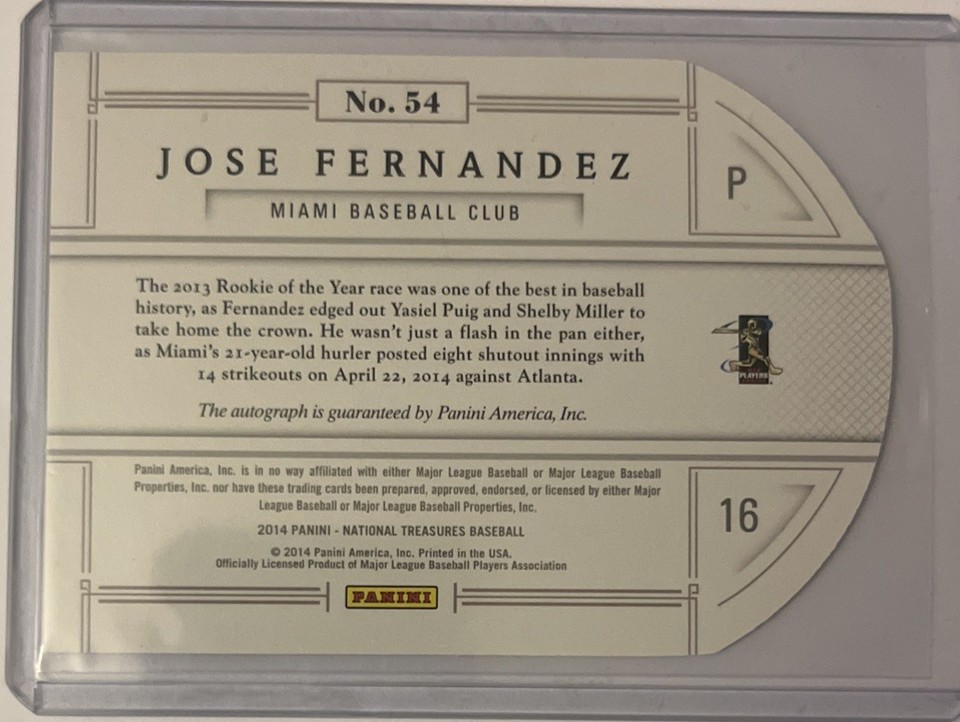 Jose Fernandez Auto Rookie 2014 Panini National Treasures Die Cut Auto ...