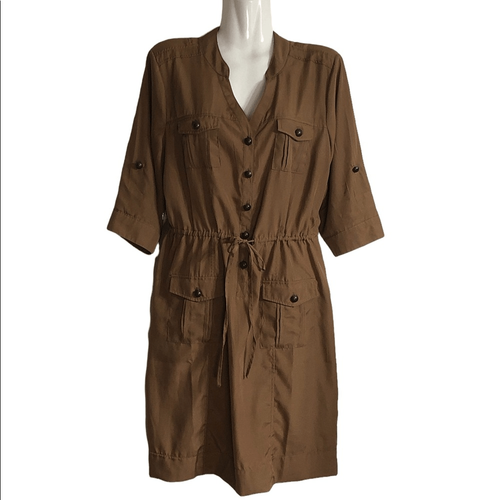 Beige by eci shirt dress Sz 8 utility safari pockets tie waist brown ...