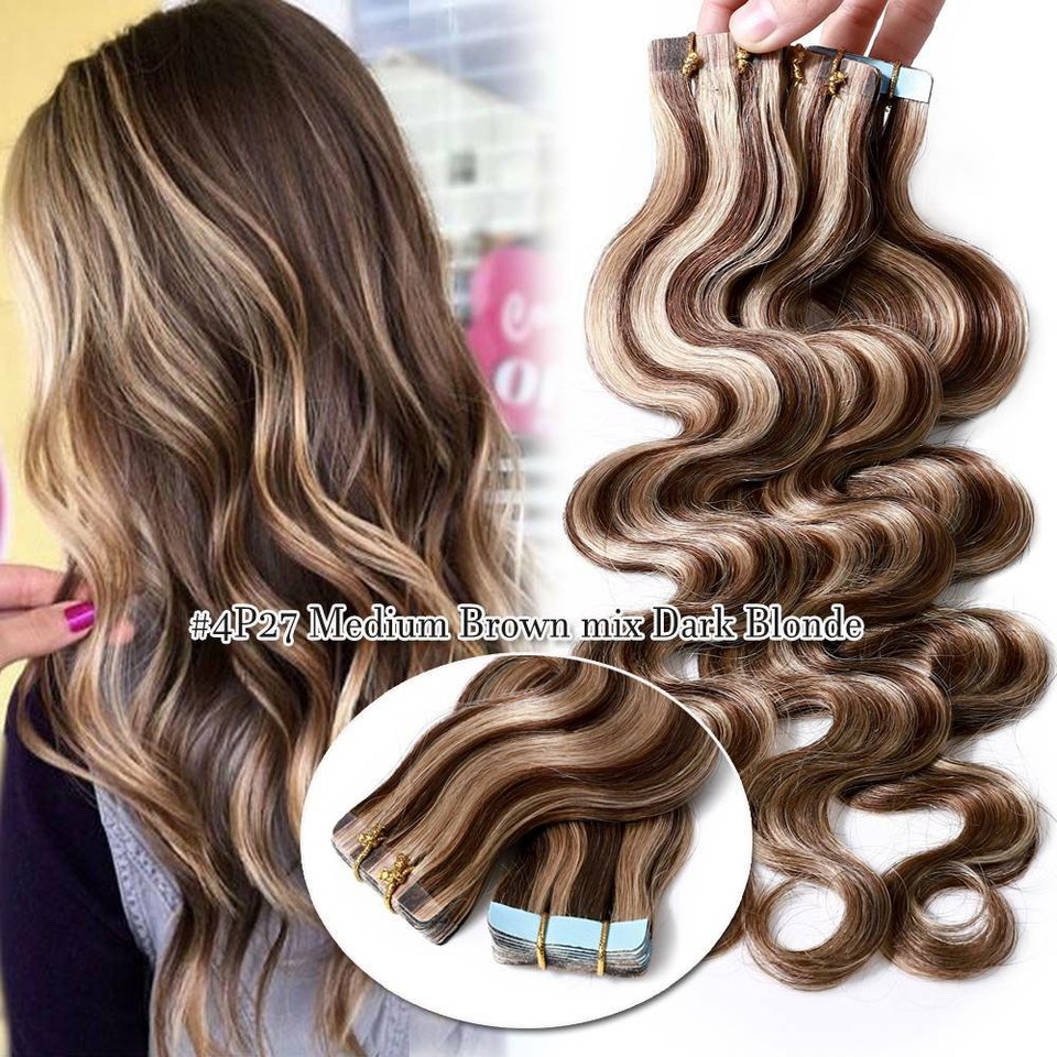 Thick Wave Tape In Skin Weft Remy Human Hair Extensions Full Head 10/20 ...