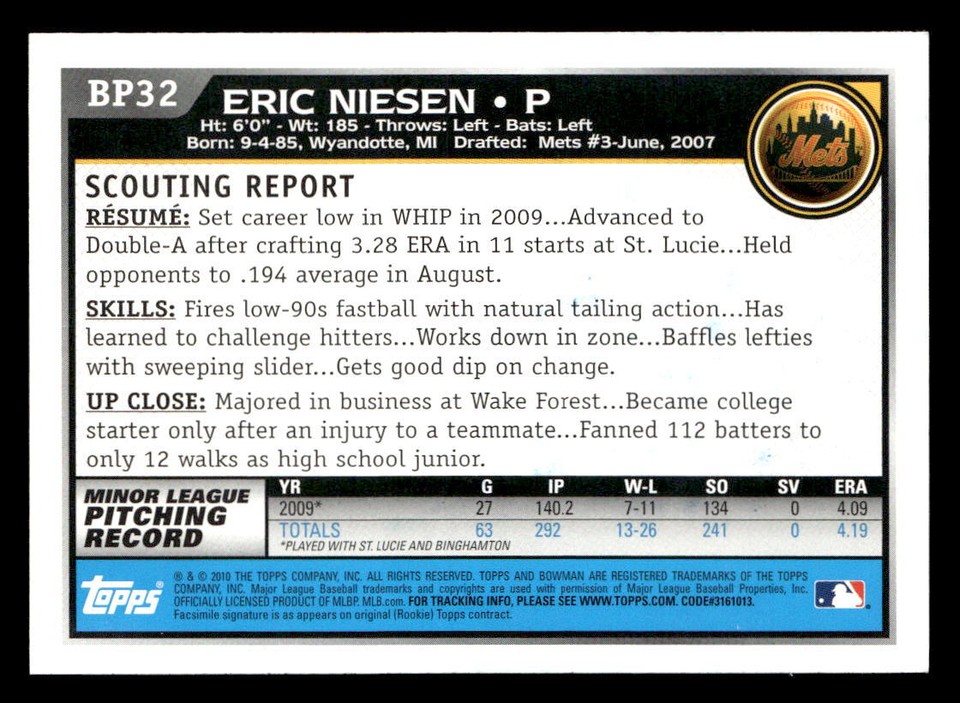Eric Niesen signed auto 2010 Bowman #BP32 card New York Mets | eBay