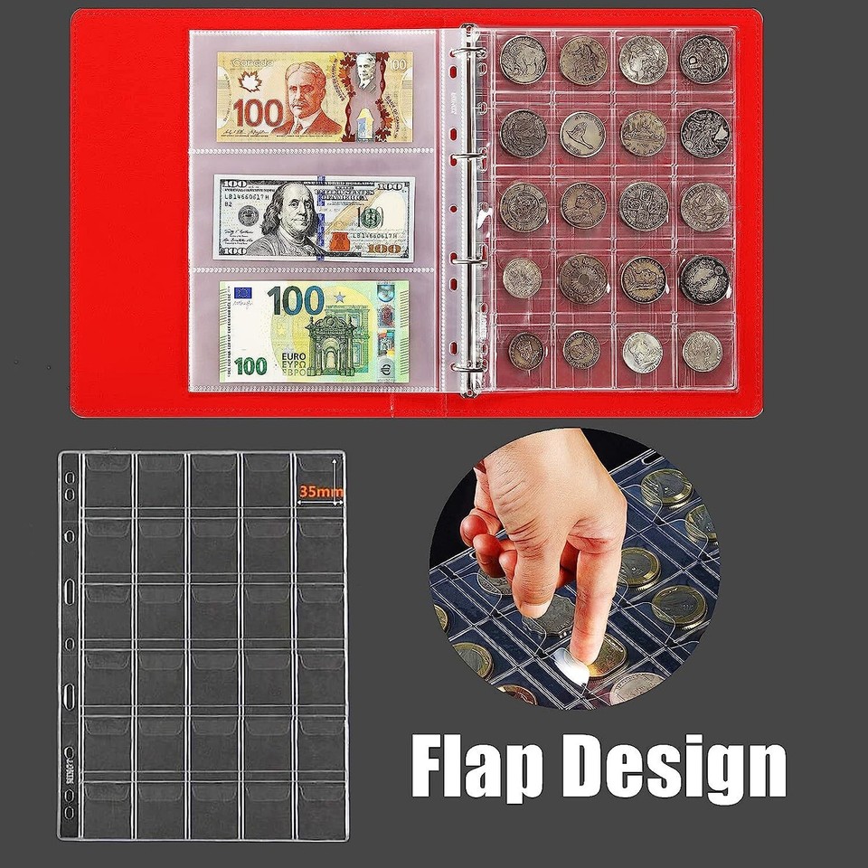 (30 Pockets) 10 Sheets Coin Binder Inserts Sleeves Collection Pages ...