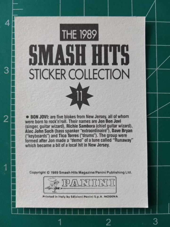 1989 Panini Smash Hits MUSIC sticker CARD JON BON JOVI GROUP BAND #11 ...