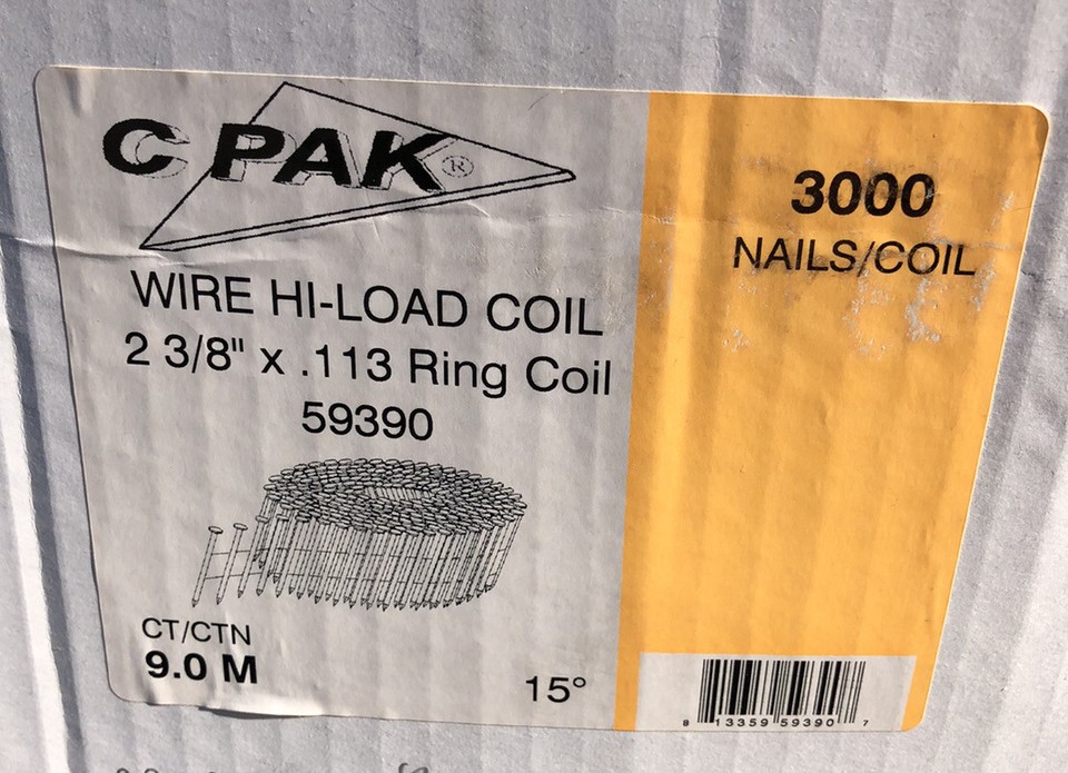 (Box of 9000 Nails) C Pak Wire Hi-Load Coil 2-3/8" x .113 Ring 3000 ...