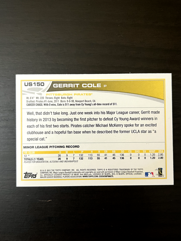 Gerrit Cole 2013 Topps Update Series Rookie #US150 RC Pittsburgh ...