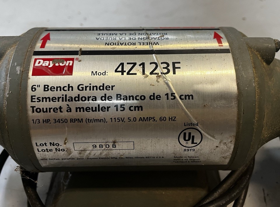 Bench Grinder Dayton 6” Model # 4Z123F Industrial Quality 1/3 HP 3450 ...