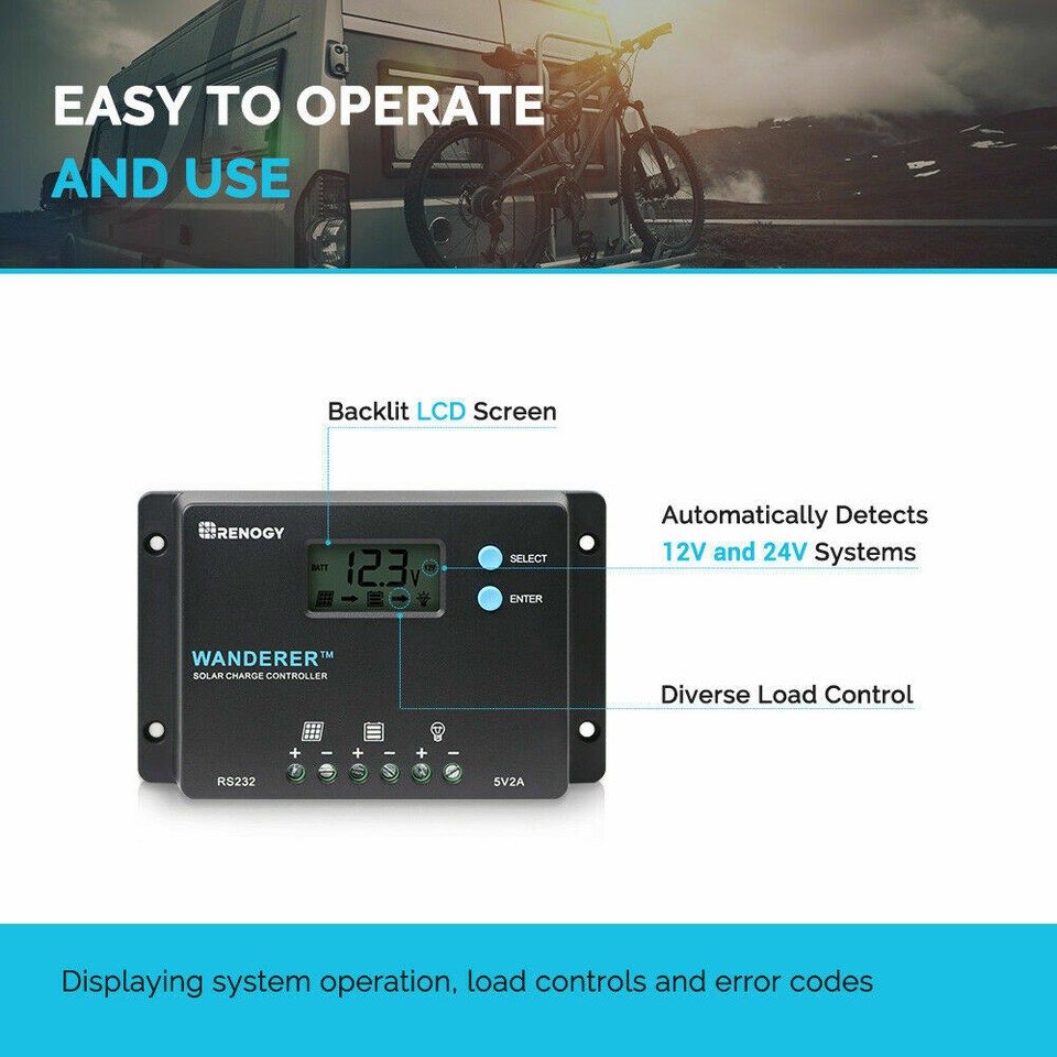 Renogy 10A Solar Battery Charge Controller PWM Wanderer Regulator LCD ...