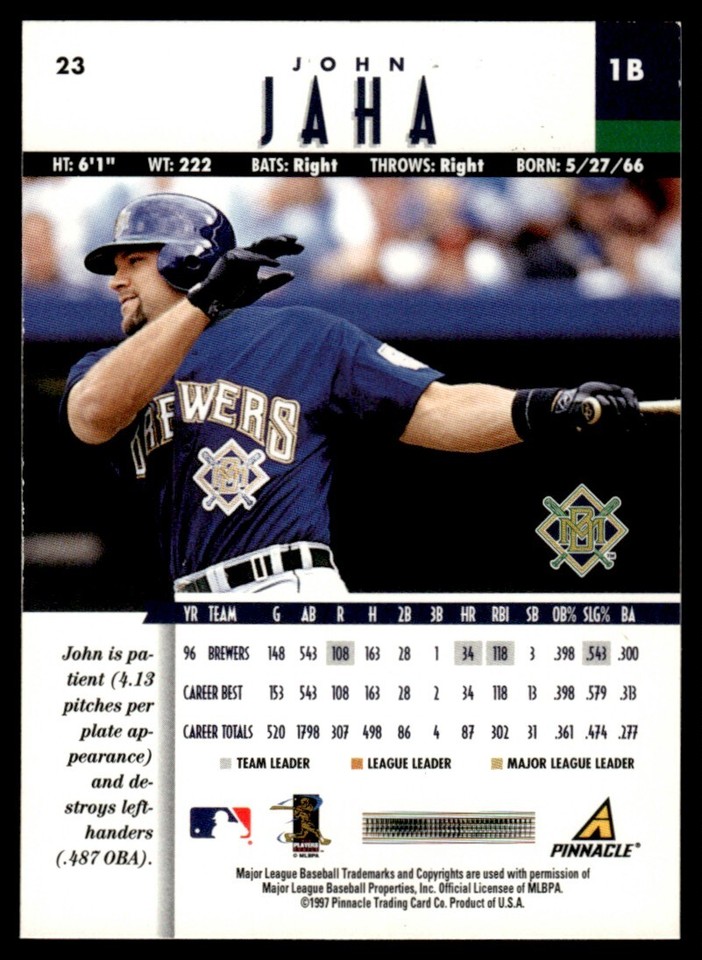 1997 New Pinnacle John Jaha Milwaukee Brewers #23 | eBay