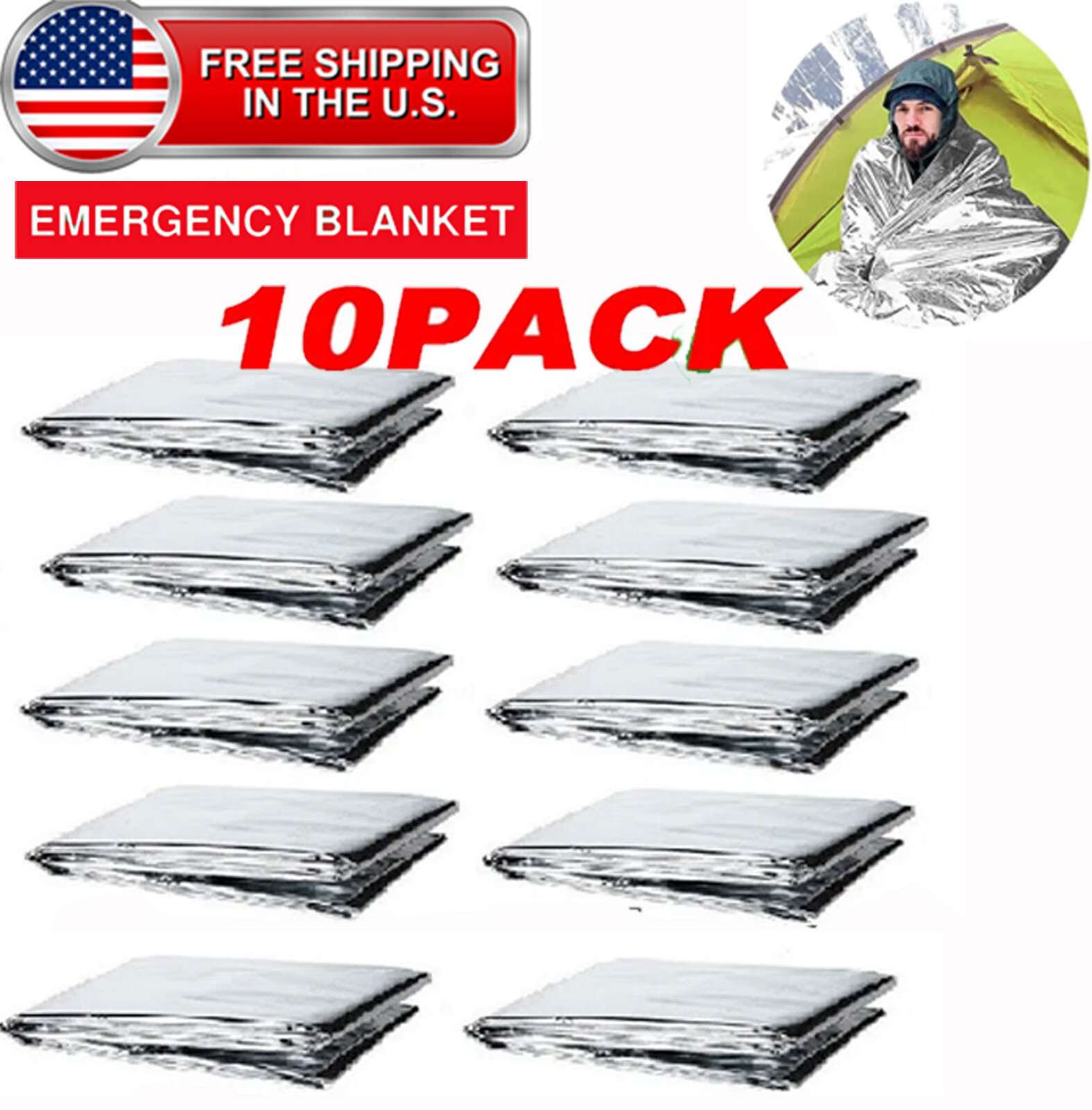 10pc Emergency Mylar Thermal Blankets Survival Safety Repel Water ...