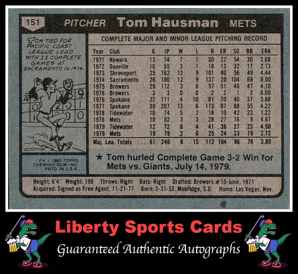 1980 Topps Tom Hausman #151 Authentic Autographed Card New York Mets | eBay