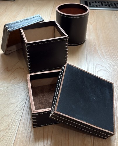 Set Of 3 Dark brown Leather Container/boxes With Lids | eBay