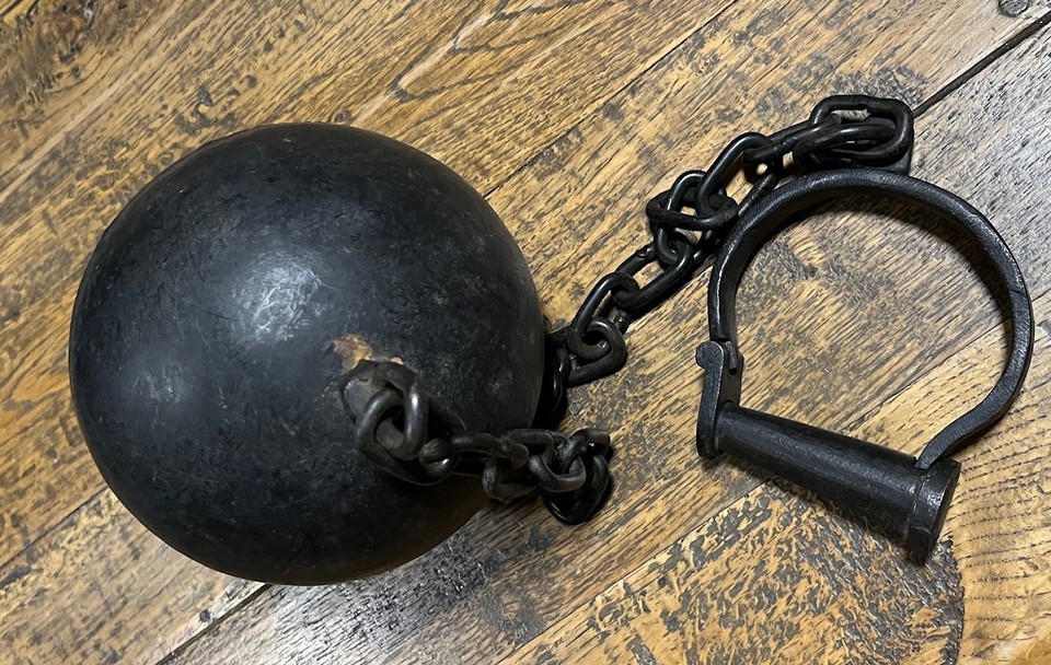 Vintage Iron Restraints Set Includes Handcuffs and Metal Ball & Chain c ...