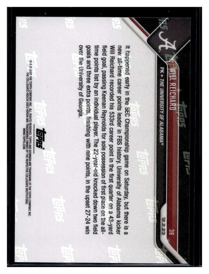 2023 Bowman U Topps Now #36 Will Reichard Blue Parallel Card #d 47/49 ...